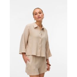 V&eacute;ro Moda Hemdbluse VERO MODA "VMNATALI CROP SHIRT WVN NOOS", Damen, Gr. L, silber (silber lining), Web, Obermaterial: 100% Baumwolle, unifarben, regular fit kurz, weit, Blusen Hemdbluse, Baumwolle, loose fit
