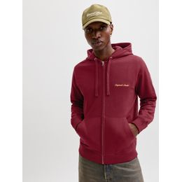 Jack & Jones Kapuzensweatshirt JACK & JONES "JORNORREBRO EMB SWEAT ZIP HOOD NOOS", Jungen, Gr. L, cabernet, angeraute Sweatware, Obermaterial: 89% Baumwolle, 11% Polyester, bedruckt, relaxed fit normal, Rundhals, Rippb&uuml;ndchen, Sweatshirts, mit Stickerei