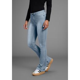 Bootcut-Jeans Arizona "Ultra Stretch", Damen, Gr. 21, K + L Gr, blau (bleached), Denim/Jeans, Obermaterial: 63% Baumwolle, 32% Polyester, 5% Elasthan, eng lang, Jeans, ausgestellte Beinform, Used-Waschung, hohe Leibh&ouml;he