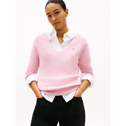 Strickpullover Tommy Hilfiger "CO CARDI STITCH V-NK LS", Damen, Gr. L (40), pink, Strick, Obermaterial: 100% Baumwolle, unifarben, normal h&uuml;ftlang, V-Ausschnitt, Raglan&auml;rmel Strickb&uuml;ndchen, Pullover Strickpullover, mit Logostickerei
