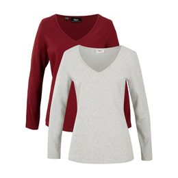 Langarmshirt bonprix "Figurbetontes Langarmshirt (2er Pack)", Damen, Gr. 52/54 (XXL), rot (rubinrot, hellgrau meliert), Web, Obermaterial: 95% Baumwolle, 5% Elasthan, meliert, slim fit normal, V-Ausschnitt, Shirts Langarmshirt, im 2er Pack mit V-Ausschnitt und Langarm