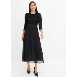 bonprix Midikleid aus leichtem Chiffon mit Spitzen-Oberteil, schwarz, Gr.42, Romantisch und feminin: Ausgestelltes Midikleid aus leichtem Chiffon mit Futter und Spitze im Oberteil