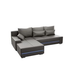 Juskys Sofa Davos Links - Bequemes Ecksofa mit Schlaffunktion, Bettkasten, Samt & LEDs - Hellgrau