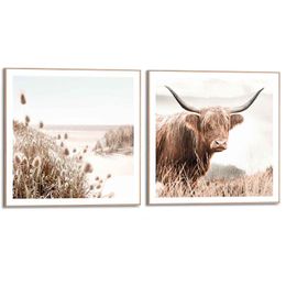 Reinders Wandbild &raquo;Freie Natur Highlander - Kuh - Heide - Strand - Ruhe&laquo; 2 Stk. tlg. gr&uuml;n Holzwerkstoff