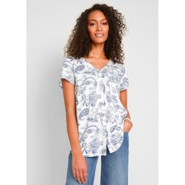 bonprix Damen bonprix Kurzarmbluse mit All-Over Print, mit verdeckter Knopfleiste wei&szlig; 48