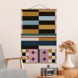Stoffbild mit Posterleisten Rechteckmuster Ocker, Rose und Blau