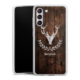 DeinDesign Galaxy S21 FE 5G Handy Slim Case Silikon Handyh&uuml;lle transparent H&uuml;lle extra d&uuml;nn Wooden Look Wood Deer Silikon Slim Case