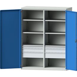 eurokraft pro Schwerlastschrank JUMBO aus Stahlblech, 6 Fachb&ouml;den, Schubladen 2 x 60 mm, 2 x 120 mm, 2 x 180 mm hoch, lichtgrau/lichtblau