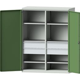 eurokraft pro Schwerlastschrank JUMBO aus Stahlblech, 6 Fachb&ouml;den, 4 Schubladen 180 mm hoch, lichtgrau/resedagr&uuml;n
