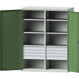 eurokraft pro Schwerlastschrank JUMBO aus Stahlblech, 6 Fachb&ouml;den, Schubladen 6 x 90 mm, 2 x 120 mm hoch, lichtgrau/resedagr&uuml;n