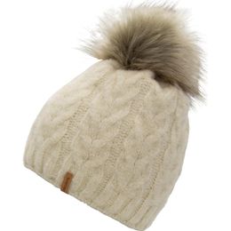 Bommelm&uuml;tze Chillouts "Flora Hat", Damen, beige (natural), Obermaterial: 76% Polyacryl, 22% Polyester, 2% Polyamid, Zopfmuster, unifarben, M&uuml;tzen, mit abnehmbarem Kunstfell-Pompon, in Europa gefertigt