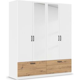 Dreht&uuml;renschrank Rauch "Kleiderschrank Schrank Garderobe W&auml;scheschrank BARI mit Spiegel", wei&szlig; (alpinwei&szlig;, eiche artisan), B:180cm H:210cm T:54cm, Holzwerkstoff, Schr&auml;nke, Dreht&uuml;renschrank, mit Schubk&auml;sten und modernem Griff in Graumetallic MADE IN GERMANY