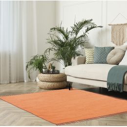 Teppich OTTO HOME, B:60cm H:5mm L:120cm, orange, Baumwolle, Wohnzimmer, Teppiche, "Cadis", Wendeteppich, mit Fransen, Uni Farben, handgewebt, reine