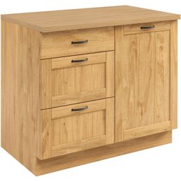 Unterschrank Home Affaire, B:100cm H:85cm T:60cmnatur, Massivholz, K&uuml;che, Schr&auml;nke, "Teramo", Breite 100 cm, 1 T&uuml;r, 3 Schubk&auml;sten