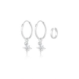 Elli Damen Ohrring-Set "Set Stern Creolen mit Kristallen von Swarovski 925 Silber", onesize,mit Steinen, Silber 925 (Sterlingsilber)silber, wei&szlig;,