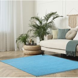 Teppich OTTO HOME, B:70cm H:5mm L:140cm, blau, Baumwolle, Wohnzimmer, Teppiche, "Cadis", Wendeteppich, mit Fransen, Uni Farben, handgewebt, reine