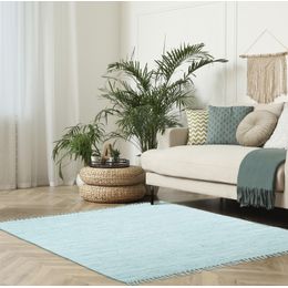 Teppich OTTO HOME, B:160cm H:5mm L:230cm, blau, Baumwolle, Wohnzimmer, Teppiche, "Cadis", Wendeteppich, mit Fransen, Uni Farben, handgewebt, reine