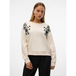 V&eacute;ro Moda Sweater VERO MODA "VMHELEN TRINA LS SWEAT BOX JRS GA", Damen, Gr. XS, birch detail:schwarz flock shoulder, Sweatware, Obermaterial: 60% Baumwolle, 40% Polyester, unifarben mit Farbeinsatz, loose fit normal, Rundhals, Sweatshirts Sweater, mit Blumenprint