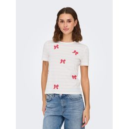 Only Damen Kurzarmshirt "ONLKIRA LIFE BOW S/S TEE CS JRS"cloud dancer detail:small bows flame scarlet, Gr. M, bedruckt, Jersey, Obermaterial: 100%