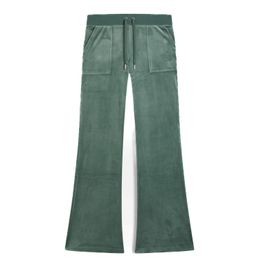 Sweathose Juicy Couture "LAYLA LOW RISE POCKETED FLARE PANT. Damen", Damen, Gr. M, EURO-Gr&ouml;&szlig;en, duck gr&uuml;n, Samt, 95% Polyester, 5% Elasthan, slim fit, Hosen Sweathose, Trainingshose Damen, Sweathose, Velour, Jogginghose mit Glitzer, Sale