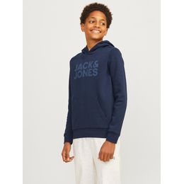Jack & Jones Jungen Kapuzensweatshirt "JJECORP mit Druck, K&auml;ngurutasche, pflegeleicht", blau, Gr. 164, JACK & JONES JUNIOR, bedruckt, angeraute Sweatware,