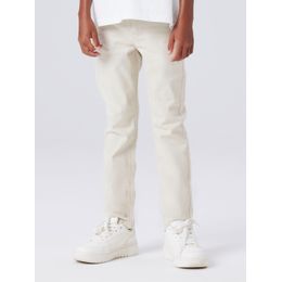 R&ouml;hrenhose name it "NKMTHEO f&uuml;r Jungen mit verstellbarem Bund und schmaler Silhouette", M&auml;dchen, Gr. 140, N-Gr, oyster gray, Twill, Obermaterial: 98% Baumwolle, 2% Elasthan, slim fit kn&ouml;chellang, Hosen, slim fit, Twill, Rei&szlig;verschluss, uni