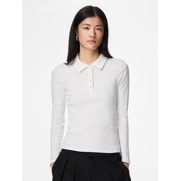 Langarm-Poloshirt Pieces "PCKITTE LS POLO TOP JRS NOOS", Damen, Gr. XXL, hellwei&szlig;, Jersey, Obermaterial: 95% Baumwolle, 5% Elasthan, unifarben, figurbetont normal, Rundhals, Shirts, mit gerippter Struktur