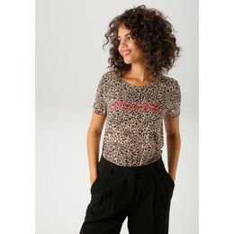 Aniston CASUAL Damen T-Shirt, schwarz, Gr. 36, bedruckt, gemustert, Single Jersey, Obermaterial: 95% Viskose, 5% Elasthan, Shirts, im Leo-Print mit