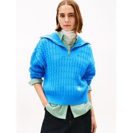 Troyer Tommy Hilfiger "CO CABLE MID GG 1/2 ZIP LS SWT", Damen, Gr. M (38), mesmerizing blau, Strick, Obermaterial: 100% Baumwolle, unifarben, regular fit, Rippb&uuml;ndchen, Pullover Troyer, mit Zopfmuster