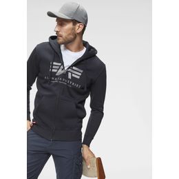 Herren Kapuzensweatjacke "BASIC ZIP HOODY", blau, Gr. M, Alpha Industries, bedruckt, angeraute Sweatware, Obermaterial: 80% Baumwolle, 20% Polyester,