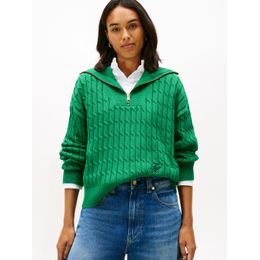Tommy Hilfiger Damen Troyer "CO CABLE MID GG 1/2 ZIP LS SWT"nouveau gr&uuml;n, Gr. L, unifarben, Strick, Obermaterial: 100% Baumwolle, Pullover, mit