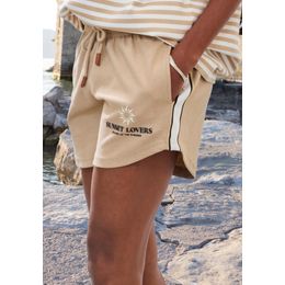 H.I.S. H.I.S Damen Sweatshorts, Gr. 36, beige, Sweatware, Obermaterial: 60% Baumwolle, 40% Polyester, unifarben, Hosen, mit Kordelzug und Print, Loungewear