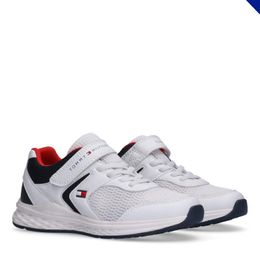 Tommy Hilfiger M&auml;dchen Sneaker, Gr. 32wei&szlig;, blau, Lederimitat, Textil, Schuhe, Sportschuh, Schlupfschuh, Freizeitschuh mit Elastic Laces