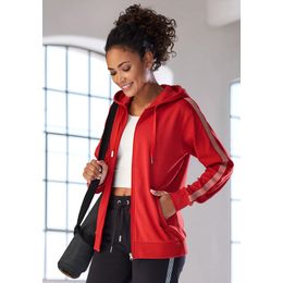 H.I.S. H.I.S Damen Kapuzensweatjackerot, Gr. M, unifarben mit Farbeinsatz, Interlock, Obermaterial: 100% Baumwolle, Sweatjacken, mit seitlichem Tapestreifen