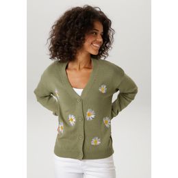 Aniston CASUAL Damen Strickjacke, gr&uuml;n, Gr. 46, bestickt, gebl&uuml;mt, Feinstrick, Obermaterial: 100% Baumwolle, Strickjacken, mit aufgestickten