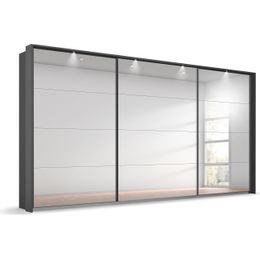 Schwebet&uuml;renschrank Rauch "Kleiderschrank Schrank Garderobe OTELI inkl. 3 Innenschubladen", grau (graumetallic), B:368cm H:214cm T:68cm, Holzwerkstoff, Schr&auml;nke, Schwebet&uuml;renschrank, mit Spiegelfront und Passepartout optional mit Beleuchtung