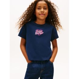 T-Shirt Tommy Hilfiger, M&auml;dchen, Gr. 8 (128), schwarz night navy, Single Jersey, Obermaterial: 93% Baumwolle, 7% Elasthan, unifarben, regular fit kurz, Rundhals, eingesetzt abgesteppte Kante, Shirts T-Shirt, Regular fit, Kinder bis 16 Jahre