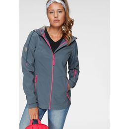 Softshelljacke OCEAN SPORTSWEAR "aus recyceltem Polyester", Damen, Gr. 38, blau (rauchblau), Softshell, Obermaterial: 96% Polyester, 4% Elasthan. Innenseite: 100% Polyester. Kapuzenfutter: 65% Baumwolle, 35% Polyester, kontrastfarbene Details, unifarben mit Farbeinsatz, h&uuml;ftbedeckend, hoch geschlossener Ausschnitt, Rippb&uuml;ndchen, Jacken Softshelljacke, atmungsaktiv, wasserabweisend, windabweisend, 