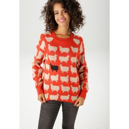 Strickpullover Aniston CASUAL, Damen, Gr. 38, rot (rot, beige, schwarz), Strick, Obermaterial: 100% Polyacryl, Jacquardmuster, gemustert, figurumspielend h&uuml;ftlang, Rundhals, Raglan&auml;rmel Rippstrickb&uuml;ndchen, Pullover Strickpullover, mit eingestrickten Schafen