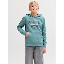 Jack & Jones Kapuzensweatshirt JACK & JONES JUNIOR "JJELOGO SWEAT HOOD 2 COL AW25 NOOS JNR", Jungen, Gr. 140, mineral blau, angeraute Sweatware, Obermaterial: 70% Baumwolle, 30% Polyester, bedruckt, regular fit normal, ohne Ausschnitt, Rippb&uuml;ndchen, Sweatshirts