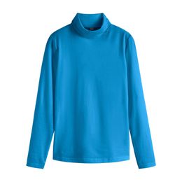Langarmshirt bonprix "Langarmshirt mit reiner Baumwolle", Damen, Gr. 40/42 (M), blau (meeresblau), Web, Obermaterial: 95% Baumwolle, 5% Elasthan, unifarben, schmal normal, ohne Ausschnitt, gerader Abschluss, Shirts Langarmshirt, mit Rollkragen