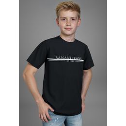 T-Shirt Bruno Banani "BRUNO Logoshirt", Jungen, Gr. 128/134, schwarz, Single Jersey, Obermaterial: 100% Baumwolle, bedruckt, Basic h&uuml;ftlang, Rundhals, Shirts T-Shirt, F&uuml;r TEENS. Cooles Logoshirt