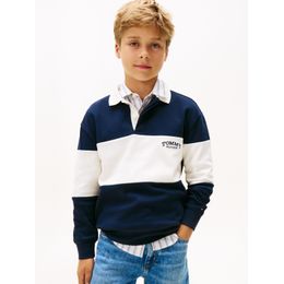 Langarm-Poloshirt Tommy Hilfiger, M&auml;dchen, Gr. 8 (128), schwarz night navy colourblock, Single Jersey, Obermaterial: 100% Baumwolle, colorblocking, mehrfarbig, regular fit normal, Rundhals, eingesetzt angesetztes B&uuml;ndchen, Shirts, Regular fit, f&uuml;r Kinder bis 16 Jahre