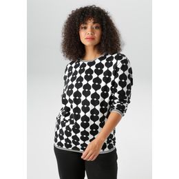 Sweatshirt ANISTON PLUS, Damen, Gr. 46, schwarz-wei&szlig; (schwarz, wei&szlig;), Single Jersey, Obermaterial: 95% Baumwolle, 5% Elasthan, bedruckt, figurumspielend Po-bedeckend, Rundhals, Rippb&uuml;ndchen, Sweatshirts Sweatshirt, mit gro&szlig;fl&auml;chigem, Herzdruck