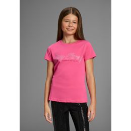 T-Shirt Bruno Banani "Logo-Strass Shirt", M&auml;dchen, Gr. 128/134, pink, Single Jersey, Obermaterial: 100% Baumwolle, Glitzermuster, bedruckt, Basic h&uuml;ftlang, Rundhals, Shirts T-Shirt, F&uuml;r TEENS. Cooles Logoshirt