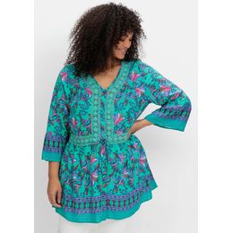 Longbluse sheego by Joe Browns, Damen, Gr. 42, aqua, gemustert, 100% Viskose, bedruckt, gemustert, mehrfarbig, V-Ausschnitt, Blusen Longbluse