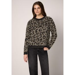 Rundhalspullover STREET ONE STUDIO, Damen, Gr. 42, schwarz, Stoff, 100% Polyester, normal normal, Rundhals, Rippb&uuml;ndchen, Pullover Rundhalspullover, im Leo Design