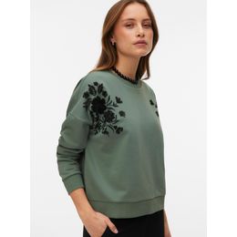 V&eacute;ro Moda Sweater VERO MODA "VMHELEN TRINA LS SWEAT BOX JRS GA", Damen, Gr. S, laurel wreath detail:schwarz flock shoulder, Sweatware, Obermaterial: 60% Baumwolle, 40% Polyester, unifarben mit Farbeinsatz, loose fit normal, Rundhals, Sweatshirts Sweater, mit Blumenprint