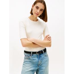 Kurzarmshirt Tommy Hilfiger "SLIM 5X2 RIB C-NK 1/2 SLV mit Rundhals und Rippstruktur", Damen, Gr. XXXL(46), wei&szlig; (calico), Single Jersey, Obermaterial: 95% Viskose, 5% Elasthan, unifarben, figurbetont normal, Rundhals, Shirts, unifarben, casual, slim fit, Viskosemix, Rundhals
