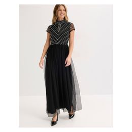 bonprix Maxikleid mit Perlenstickerei, schwarz, Gr.50, Moder und feminin: Abendkleid aus zartem T&uuml;ll mit Keyhole-Ausschnitt und Perlenstickerei im Oberteil